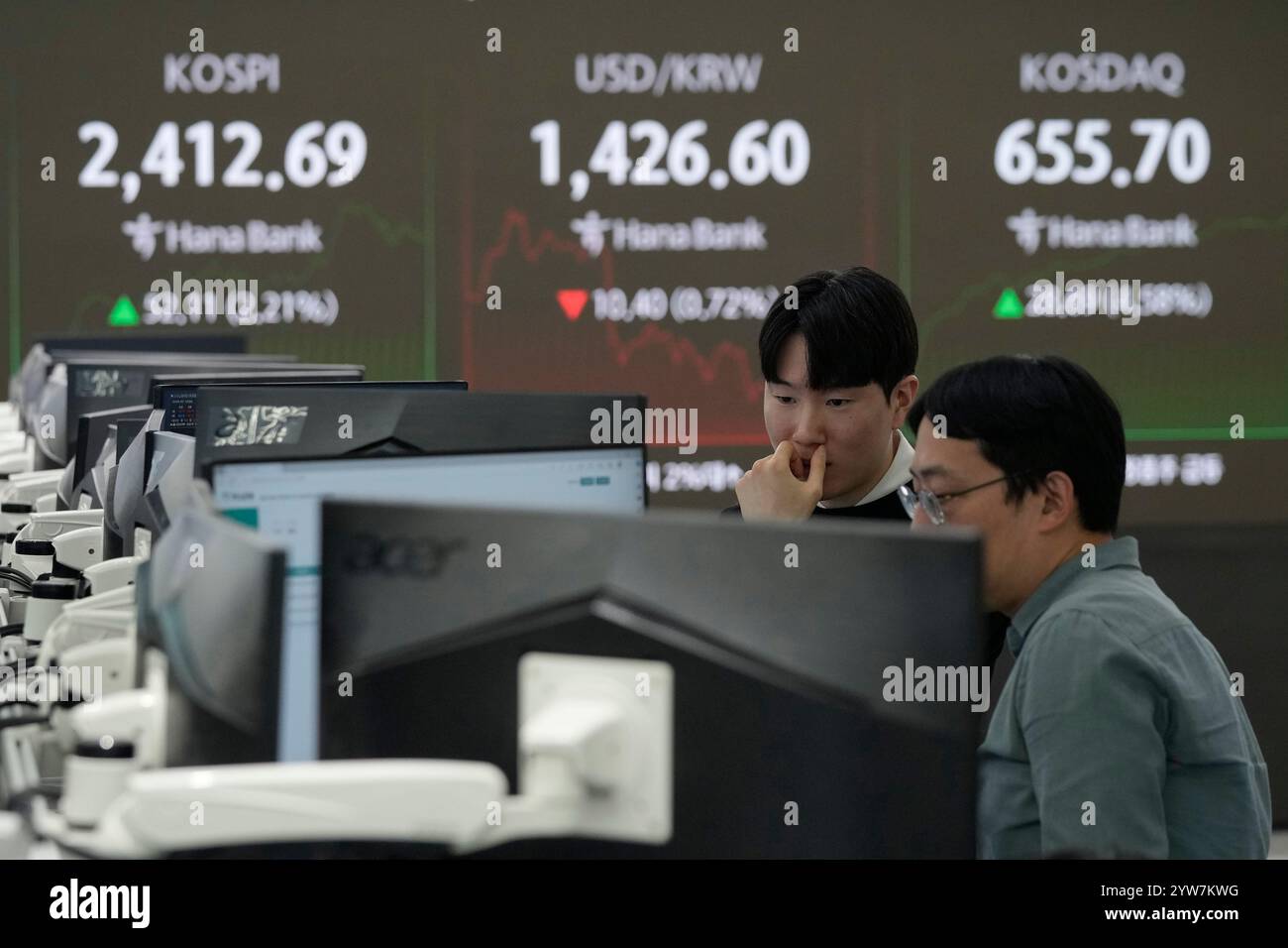 Currency traders watch monitors near a screen showing the Korea ...