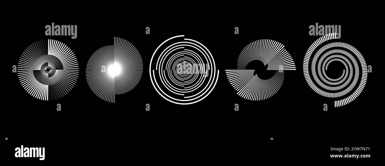 White radial spiral pattern set. Circular rotating speed line form ...
