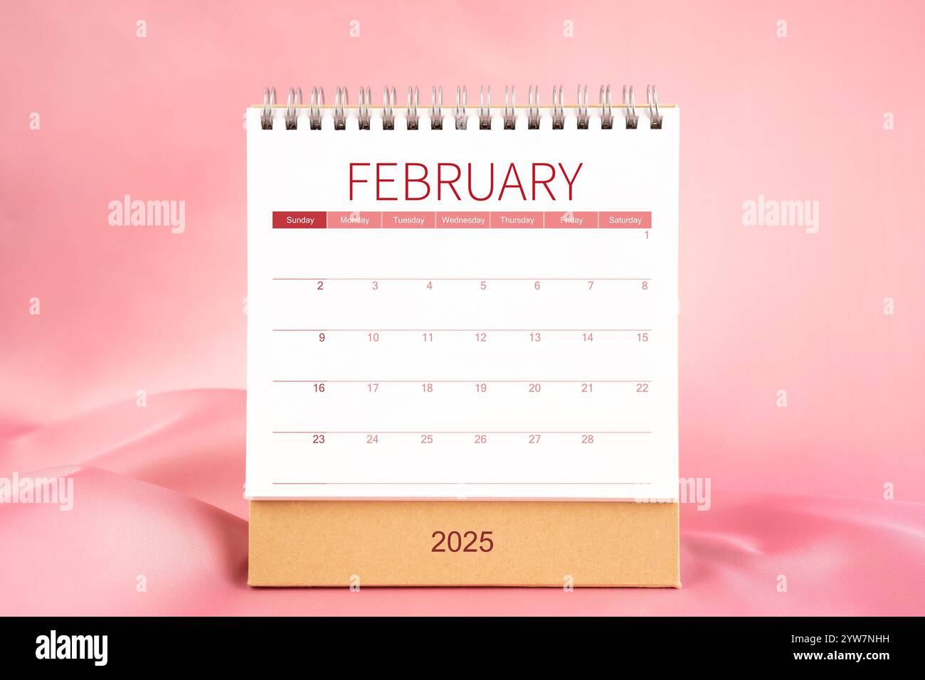 Front view of blank February 2025 desk calendar on pink color textile ...