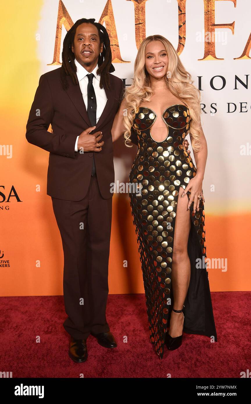 Jay-Z, left, and Beyoncé arrive at the premiere of "Mufasa: The Lion King" on Monday, Dec. 9 ...