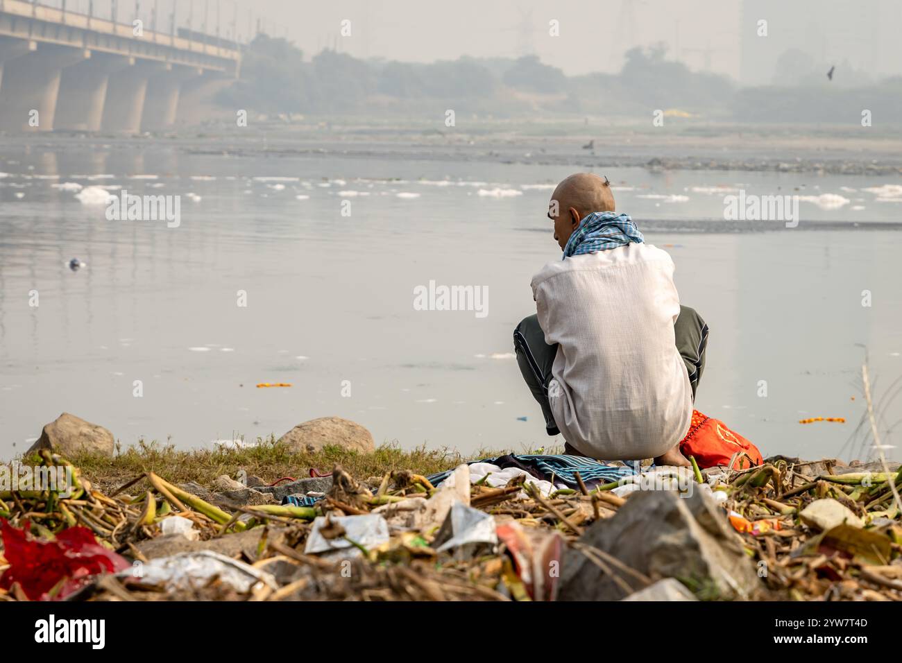 Isolated Man looking at Polluted River with Toxic Foam at Morning image ...