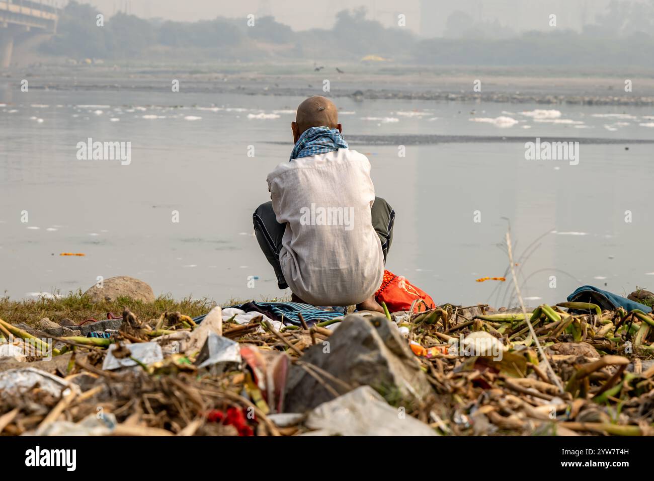 Isolated Man looking at Polluted River with Toxic Foam at Morning image ...
