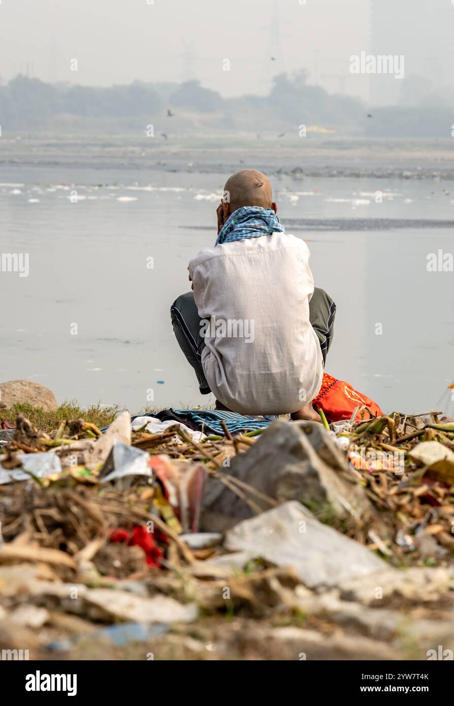 Isolated Man looking at Polluted River with Toxic Foam at Morning image ...