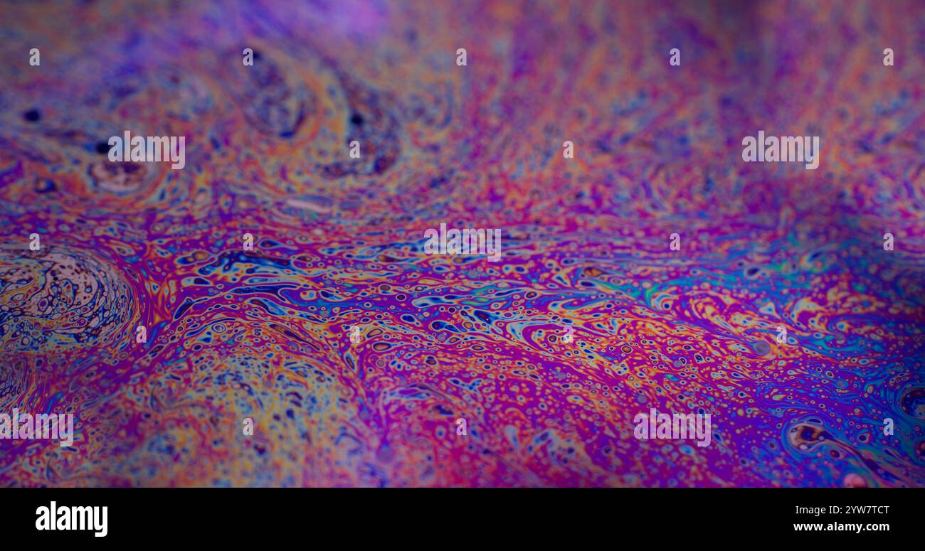 Acrylic emulsion. Bubbles wave. Defocused multicolor purple green ...