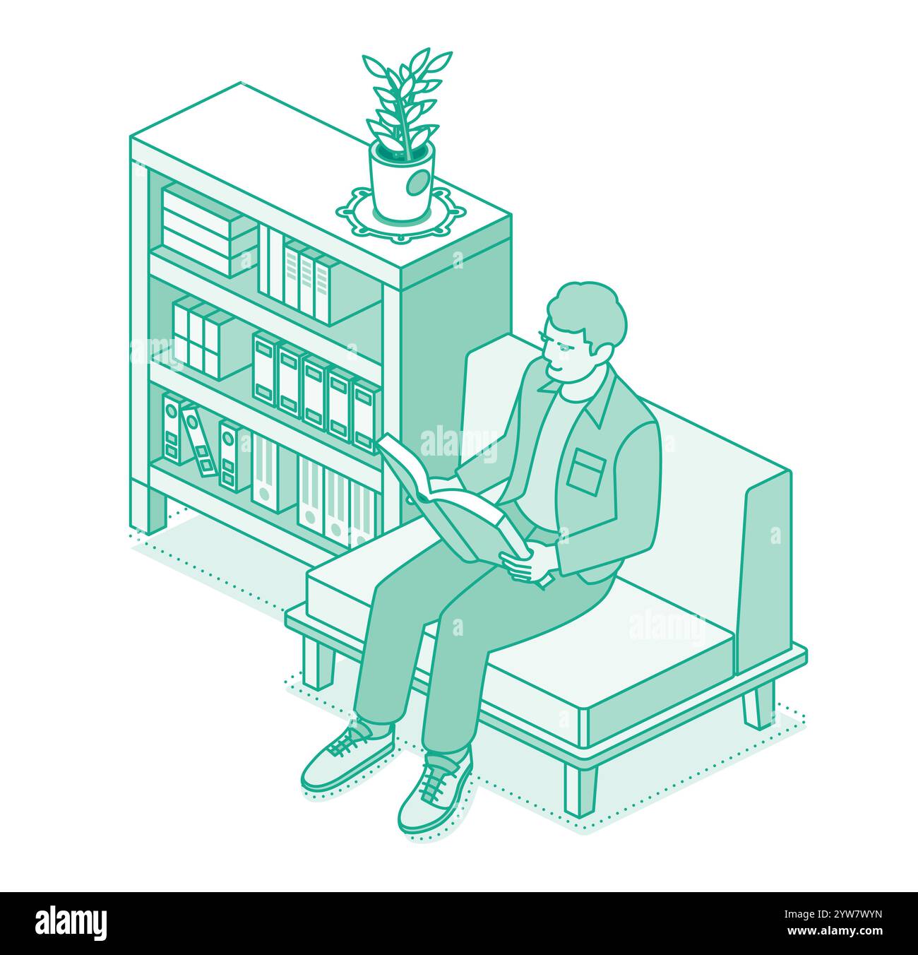 Young man sitting on soft chair and reading book. Shelves and racks ...