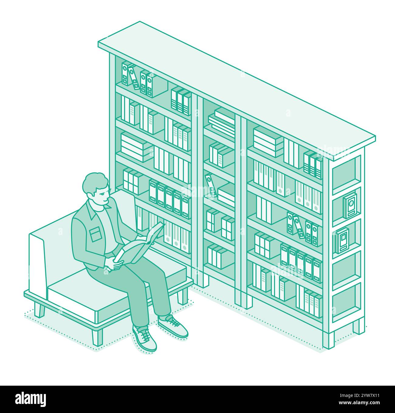 Young man sitting on soft chair and reading book. Shelves and racks ...