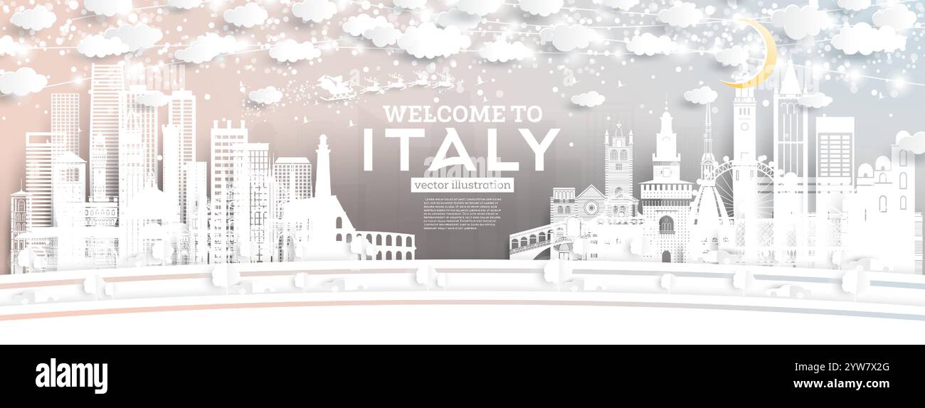 Welcome to Italy city skyline in paper cut style with snowflakes, moon ...