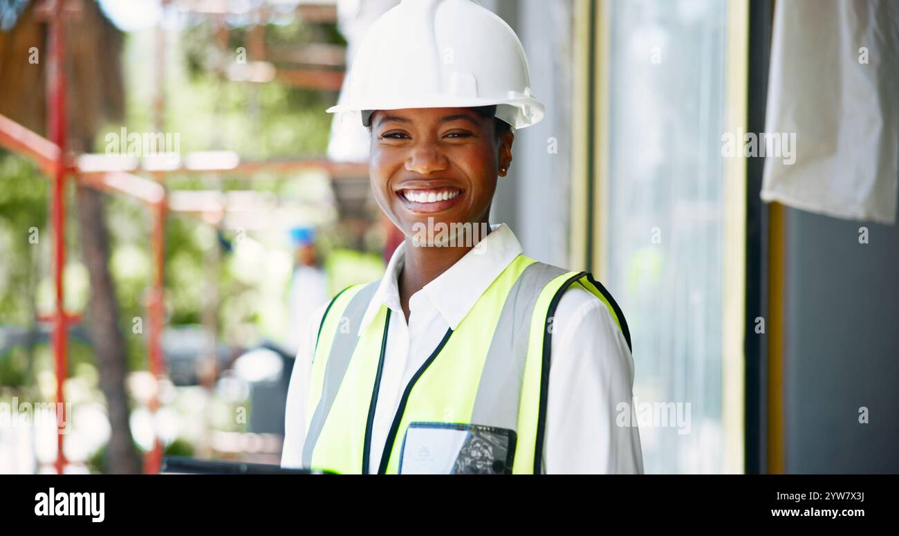 Black woman, engineer and portrait at construction site, happy and ...