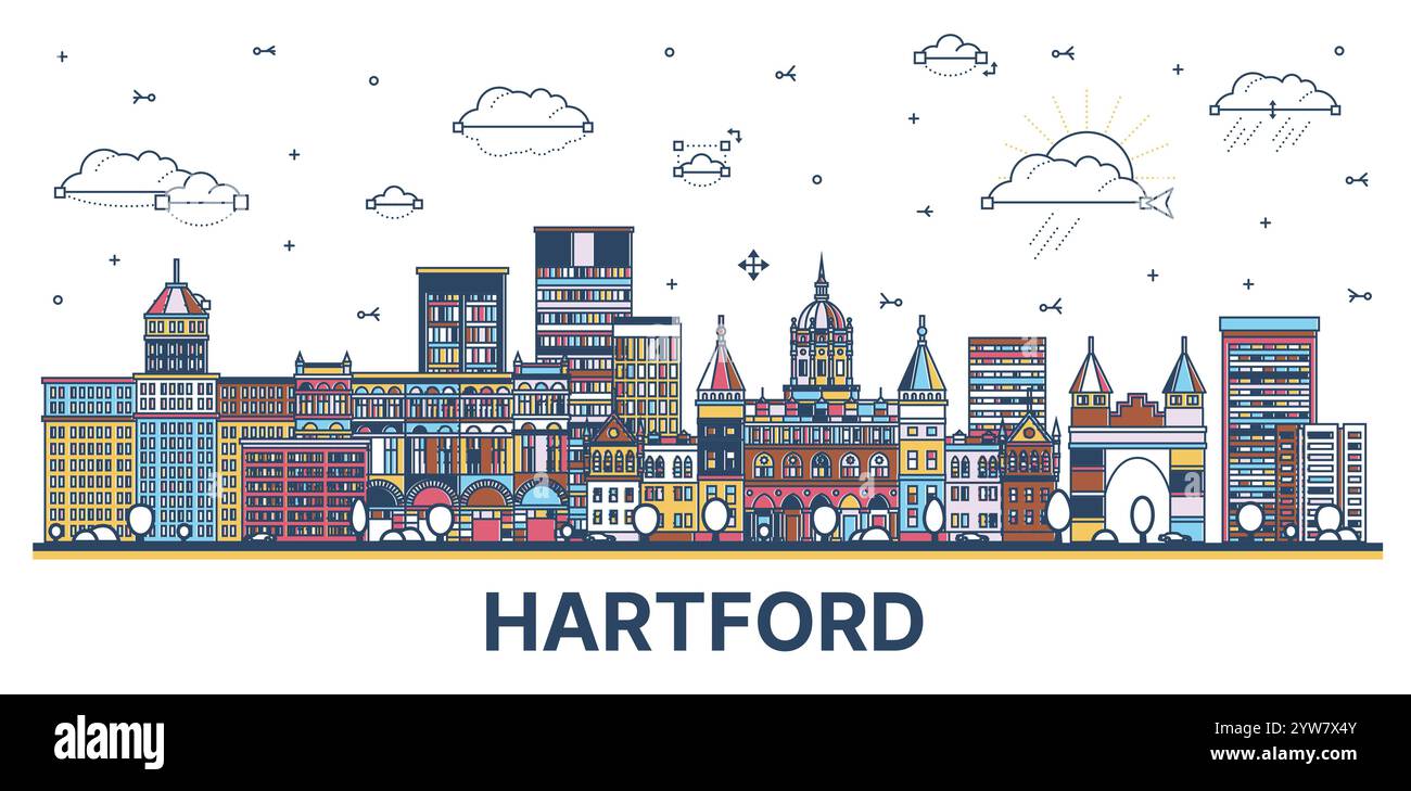 Outline Hartford Connecticut city skyline with colored modern and ...