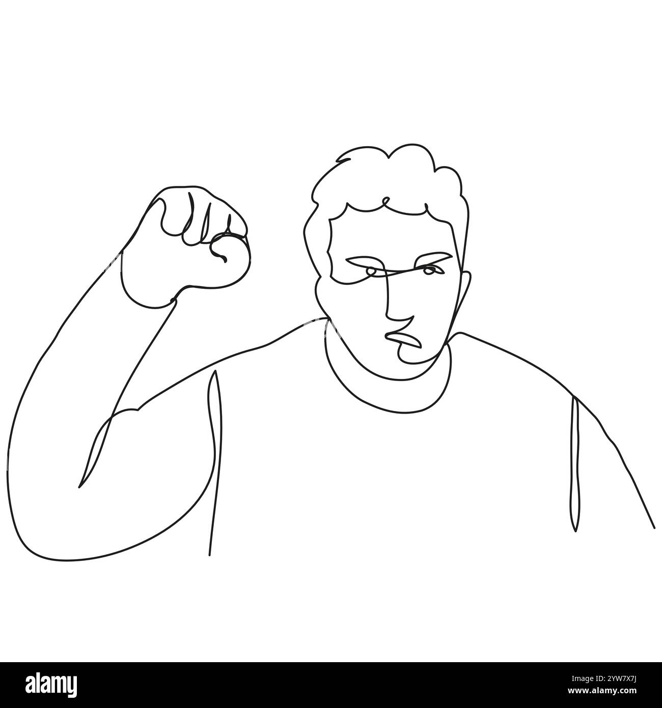 Curly-haired angry man with a protest look and a raised fist drawn in ...