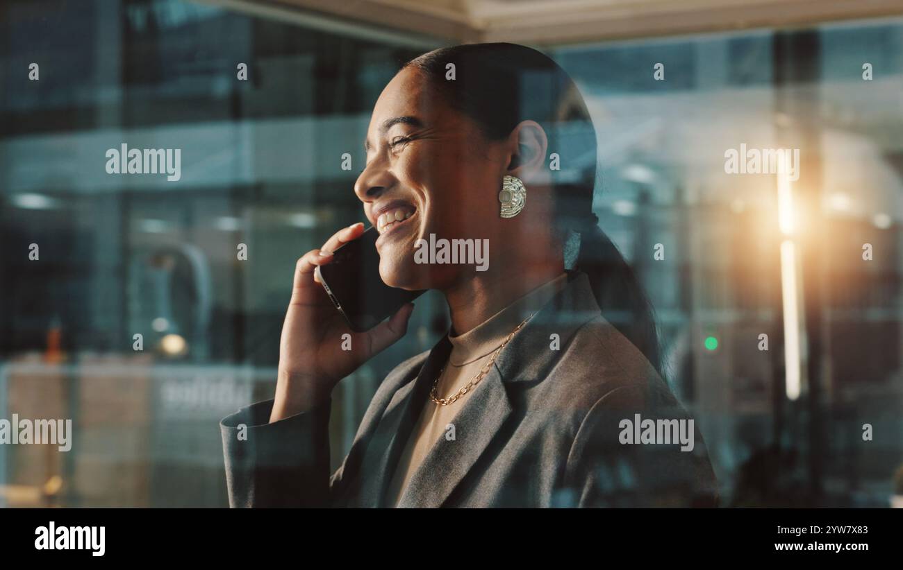 Phone call, night and woman in office, smile and communication with ...