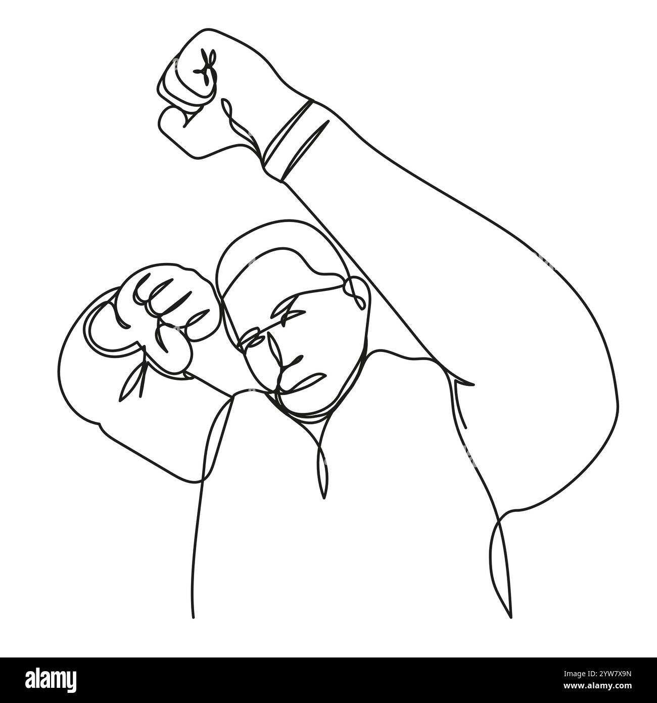 Man in a fighting stance in a continuous line on a white background ...