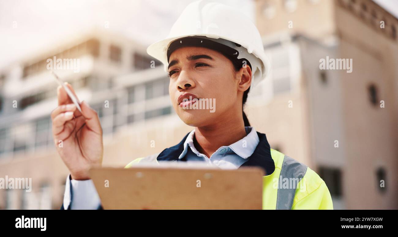 Engineer, woman and clipboard with site inspection for location ...