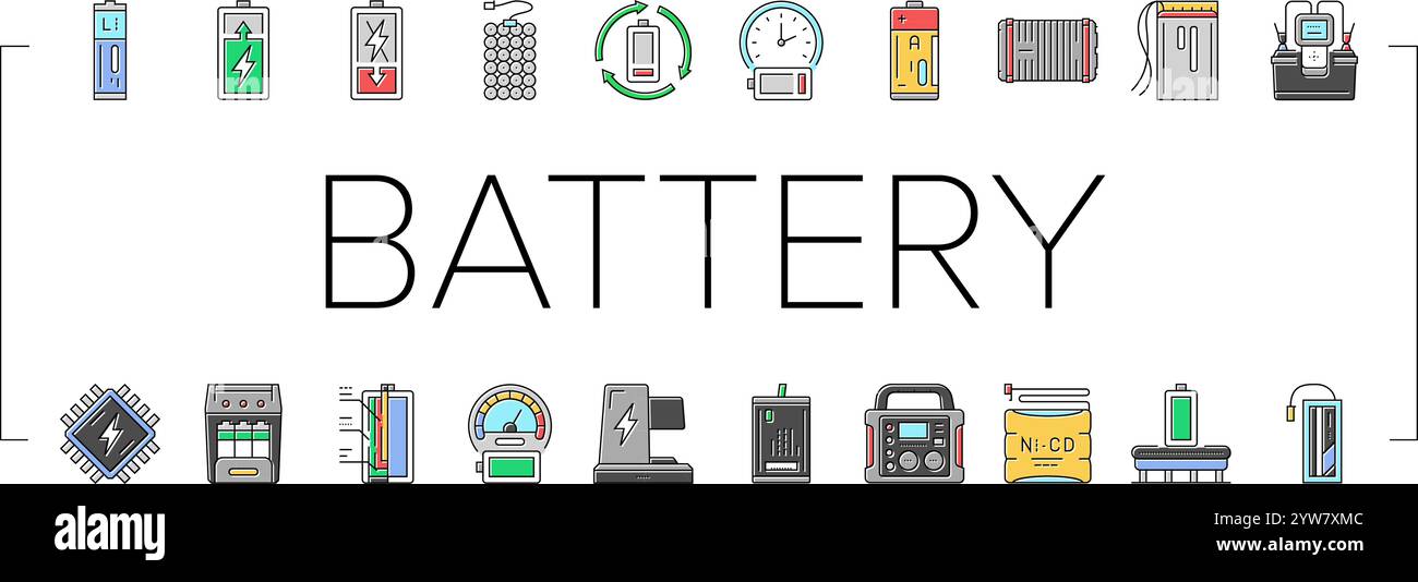 battery technology power electric icons set vector Stock Vector Image ...