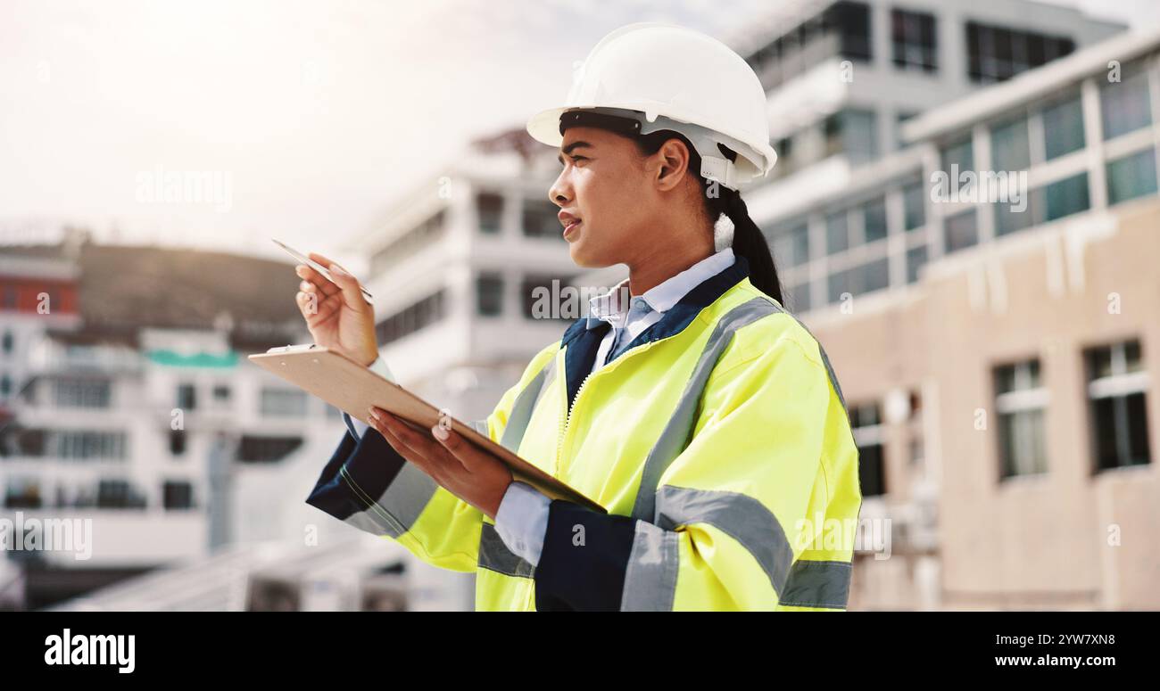 Woman, engineering and construction with checklist, plan and blueprint ...