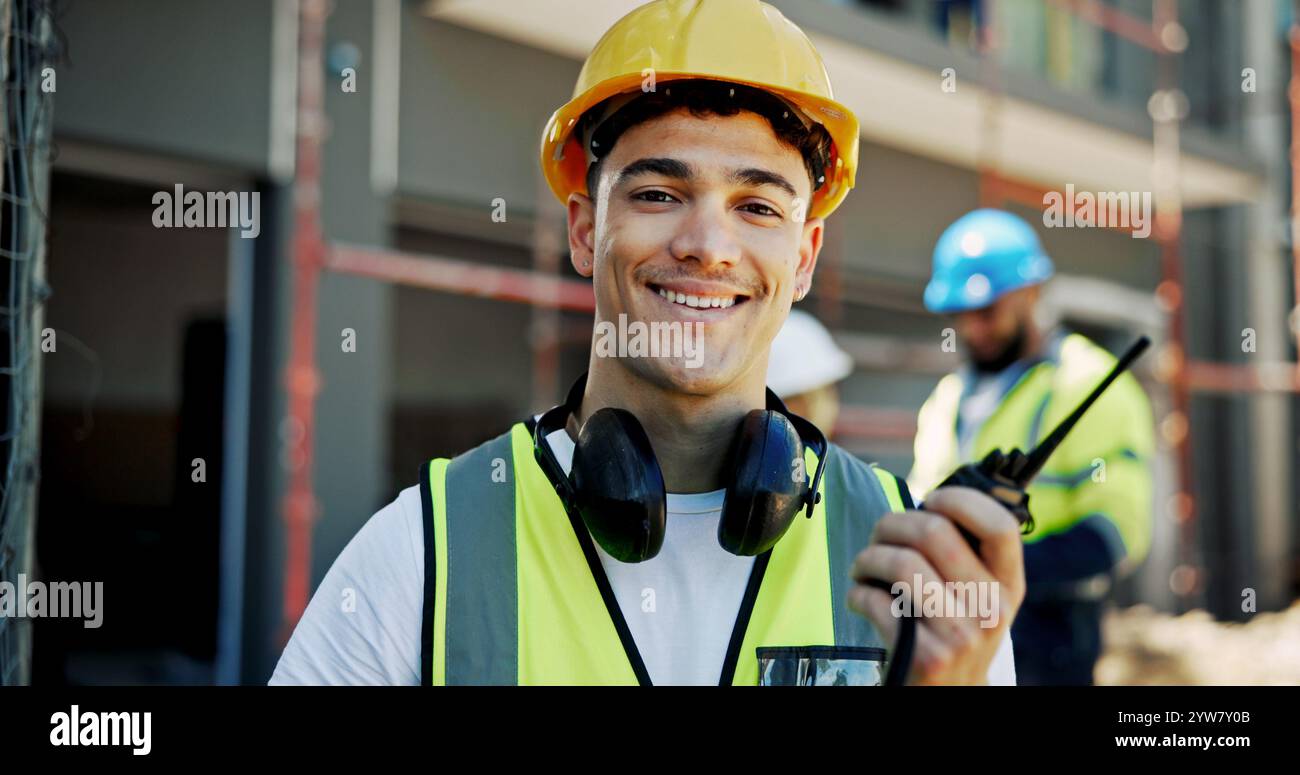 Construction site, engineering and man with radio, portrait and ...