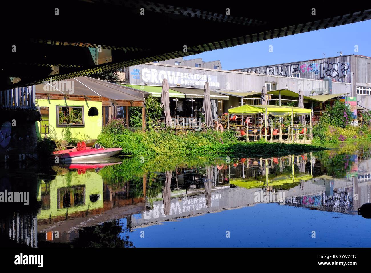 Mirror reflections of colourful Grow Bar canal boats, barges, under ...