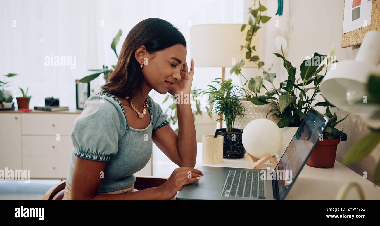 Remote work from home, headache and woman with laptop, fatigue and ...