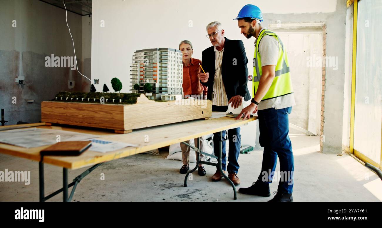 Architecture, real estate and model with people on construction site ...