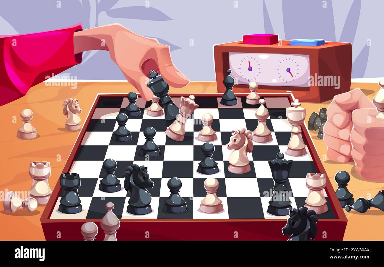 People play chess game on board with white and black piece. Success ...