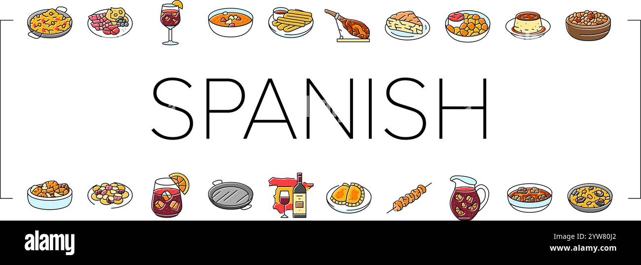 spanish cuisine food paella tapas icons set vector Stock Vector Image ...