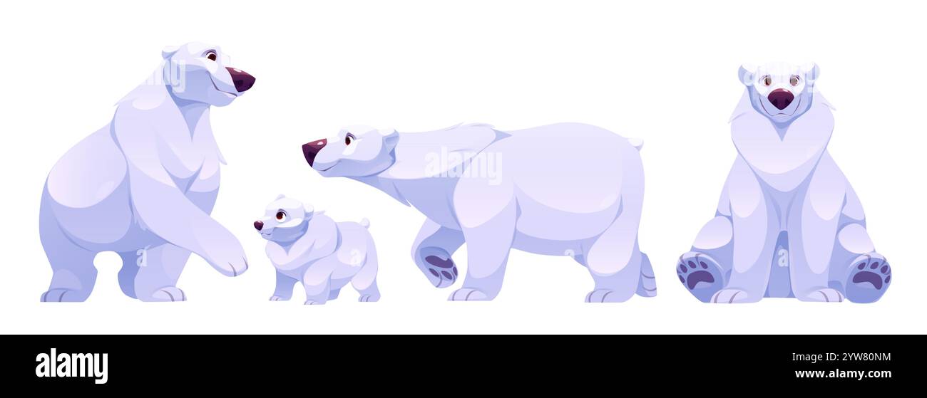 Cute polar bear cartoon. Arctic white north animal sitting and standing ...