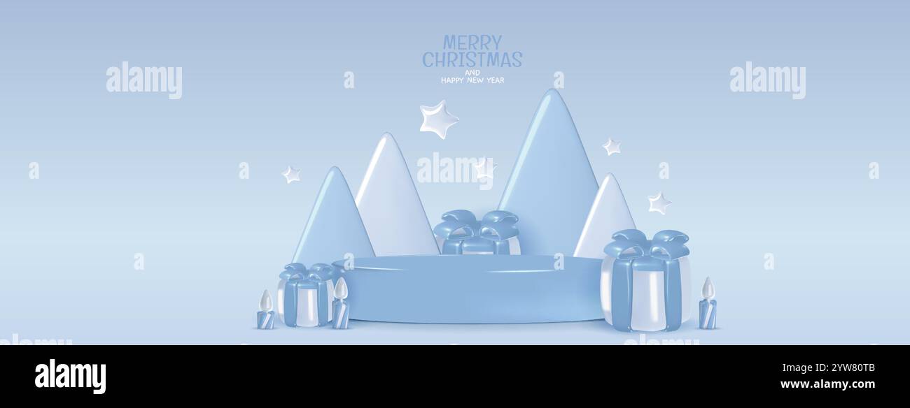 Light blue studio Christmas scene with cylinder podium, simple xmas ...
