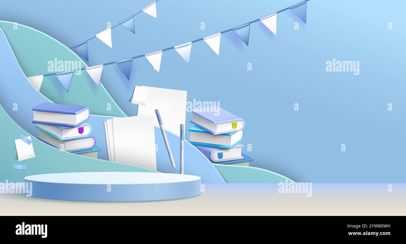 Pastel blue studio background with cylinder product podium, wave shapes ...