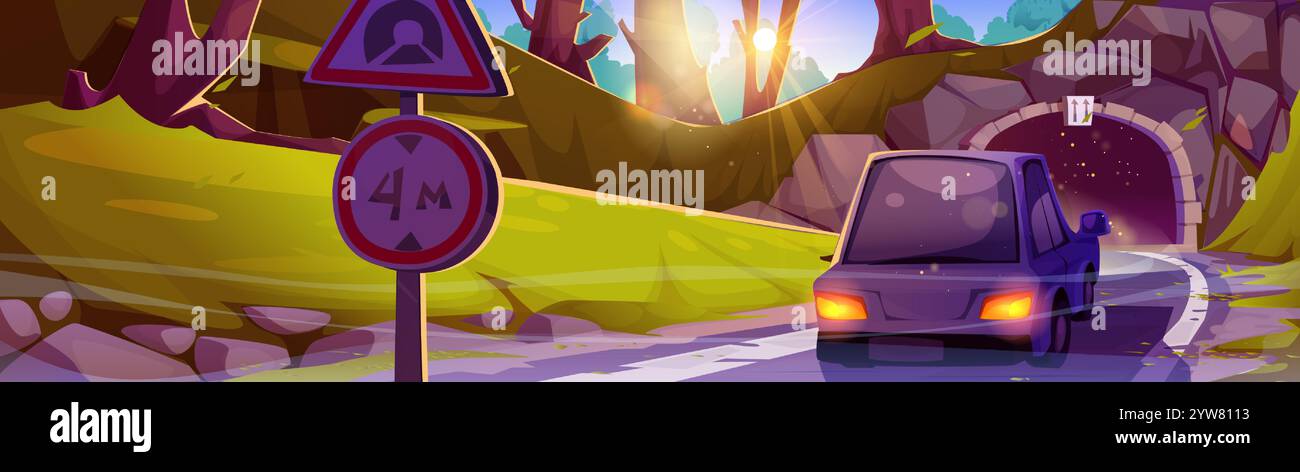 Car entering road tunnel in summer forest. Vector cartoon illustration ...