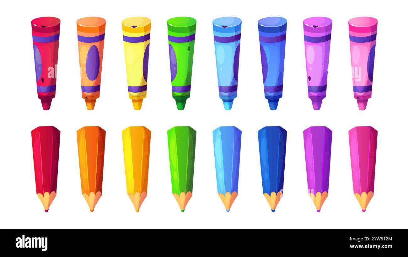 Colorful stationery set with crayons and pencils in rainbow colors ...