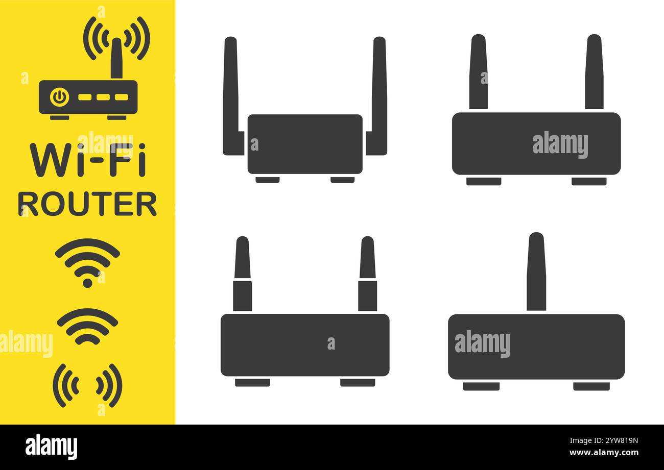 Wifi router icon symbol shape set. Wlan modem sign logo silhouette ...