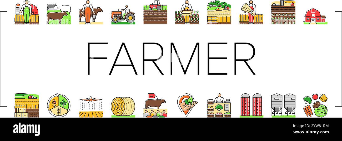 farmer farm agriculture field man icons set vector Stock Vector Image ...