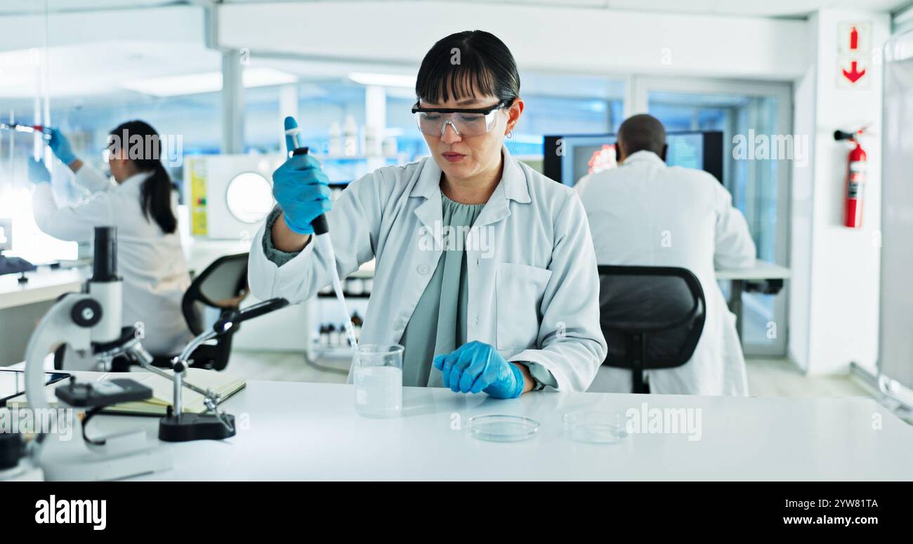 Scientist, woman and study with pipette, petri dish and sample ...
