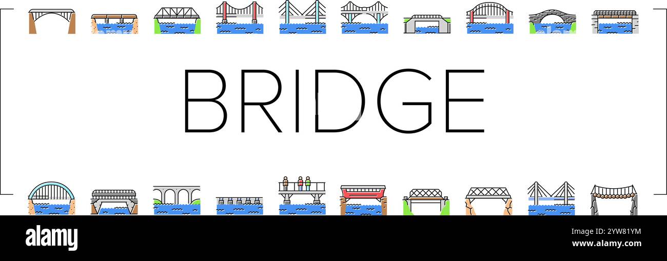 bridge city building road river icons set vector Stock Vector Image ...