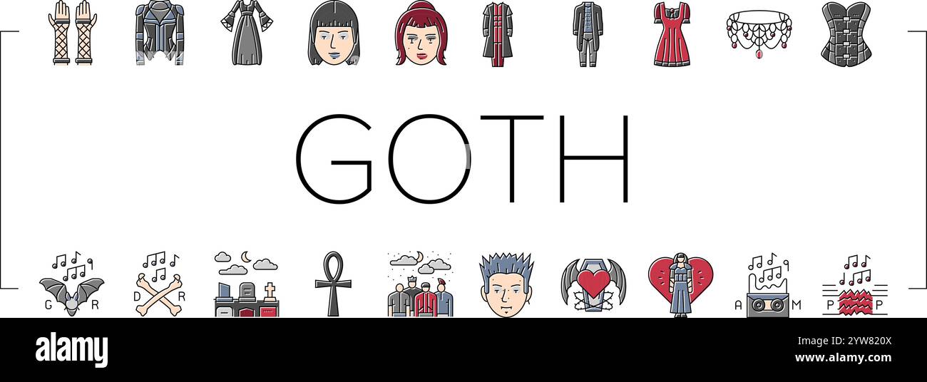 goth subculture punk gothic y2k icons set vector Stock Vector Image ...