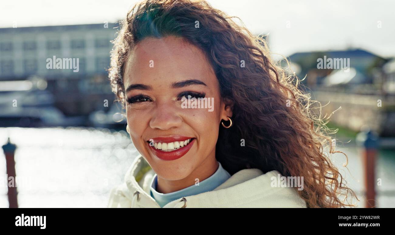 Fashion, portrait and smile with woman in city for streetwear, gen z and creative. Confidence ...