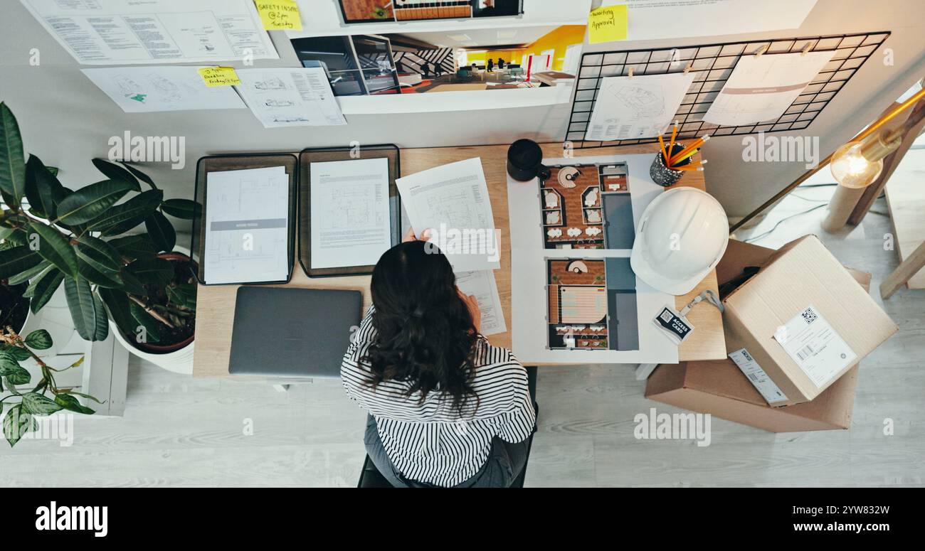 Above, woman and planning in office for architecture, design process or ...