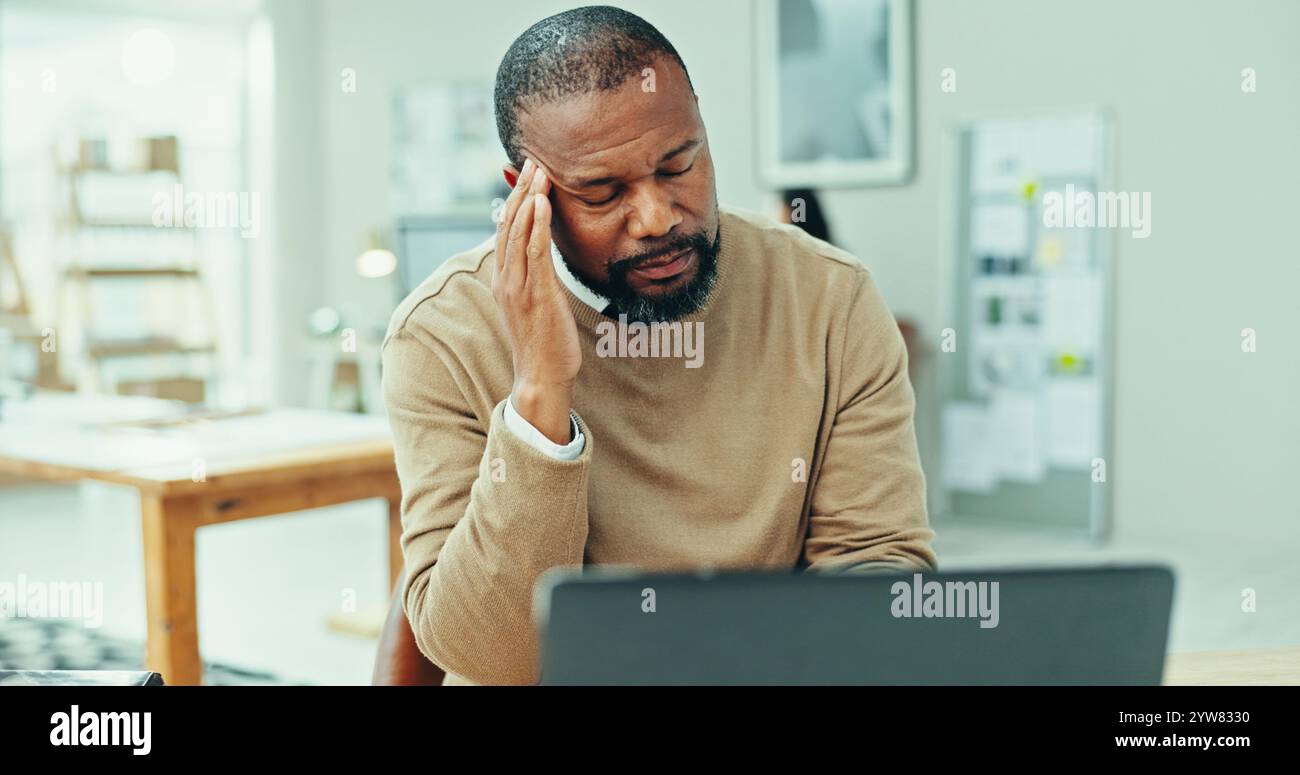 Frustrated, businessman and laptop with headache for mistake, vertigo ...