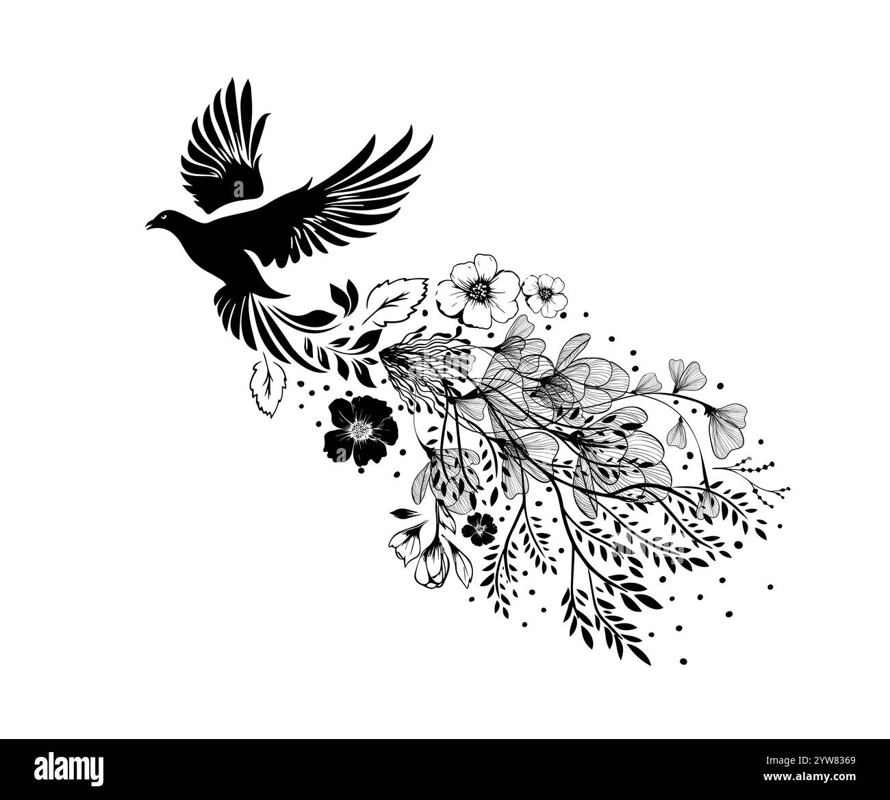 Dove. Abstract bird of peace flies with flowers. hand drawing. Not AI ...