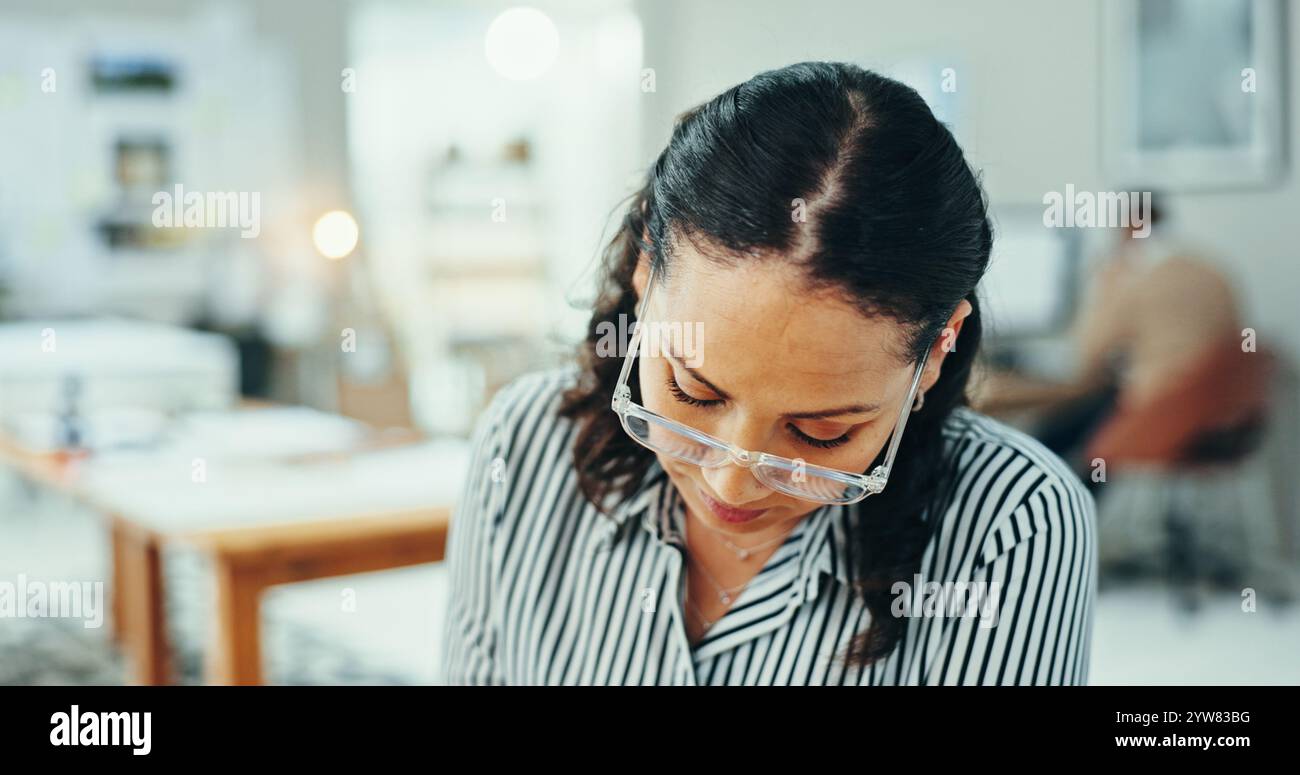 Office, thinking and face of woman with planning, concentration and ...