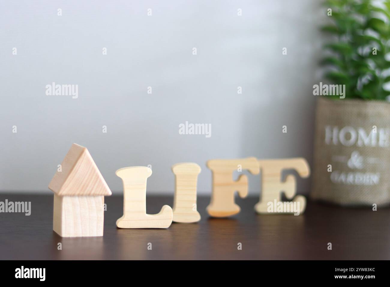 Wooden word blocks representing house-shaped blocks and the word LIFE ...