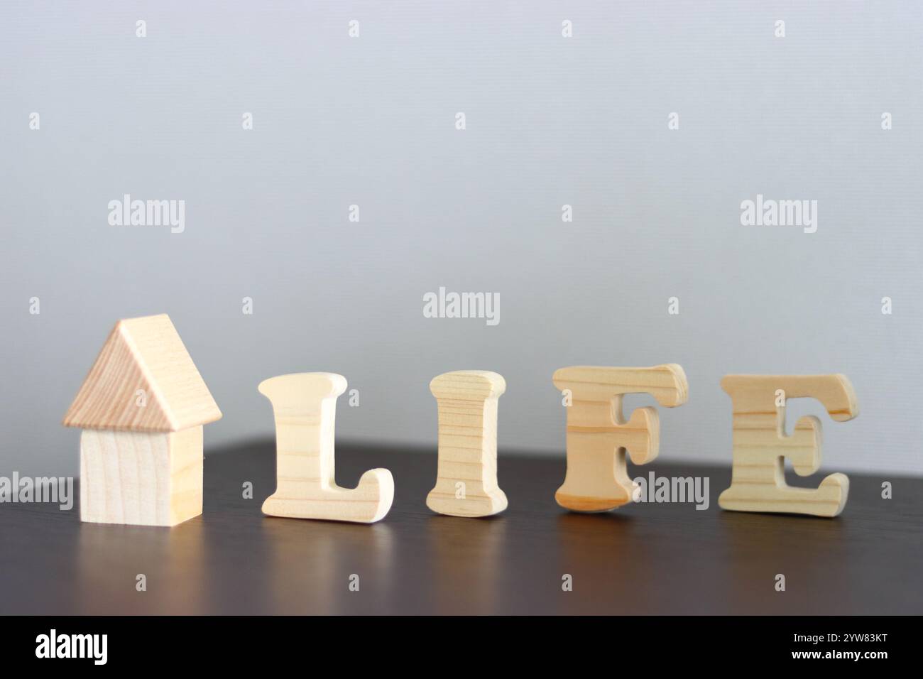 Wooden word blocks representing house-shaped blocks and the word LIFE ...
