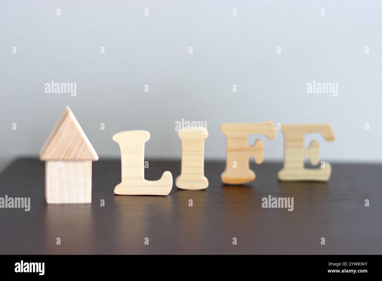 Wooden word blocks representing house-shaped blocks and the word LIFE ...