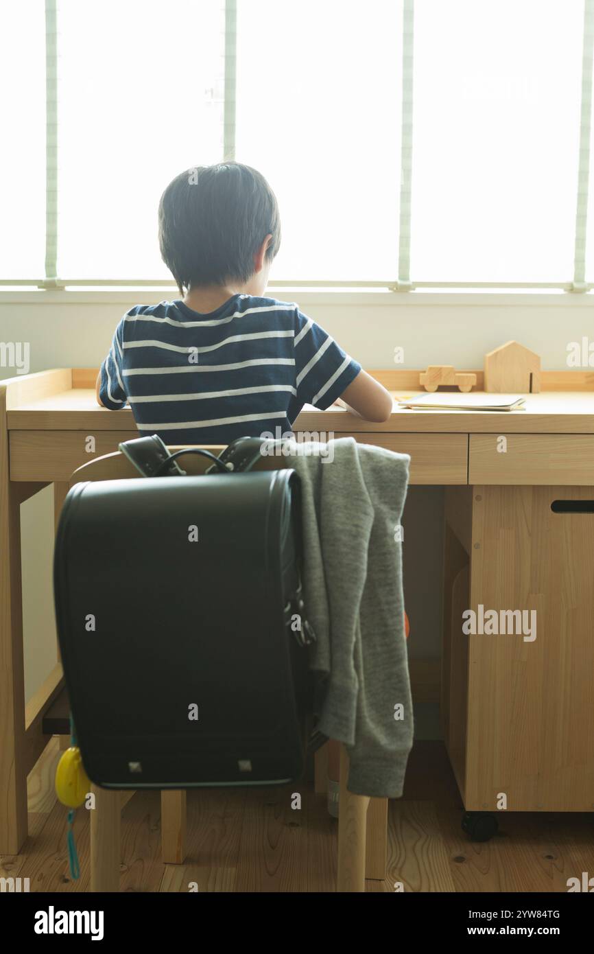 Primary schools boy studying, back view Stock Photo - Alamy