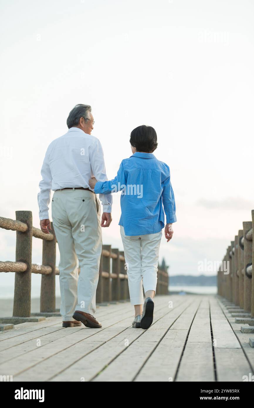 Senior couple strolling along the seaside, back view Stock Photo - Alamy