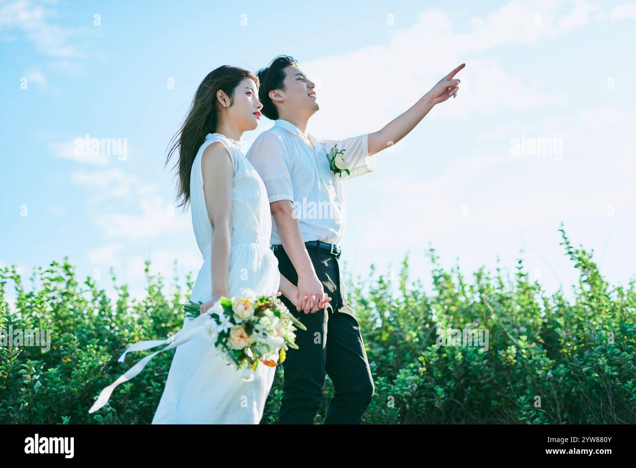 Wedding Couple Pointing Stock Photo - Alamy