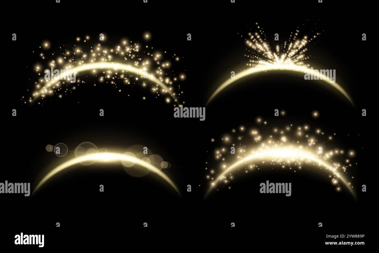 Gold magic arches set with glowing particles, sunlight lens flare. Neon ...