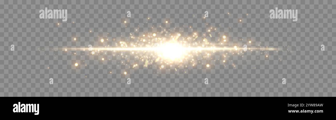 Gold horizontal lensflare. Light flash with rays or gold spotlight and ...
