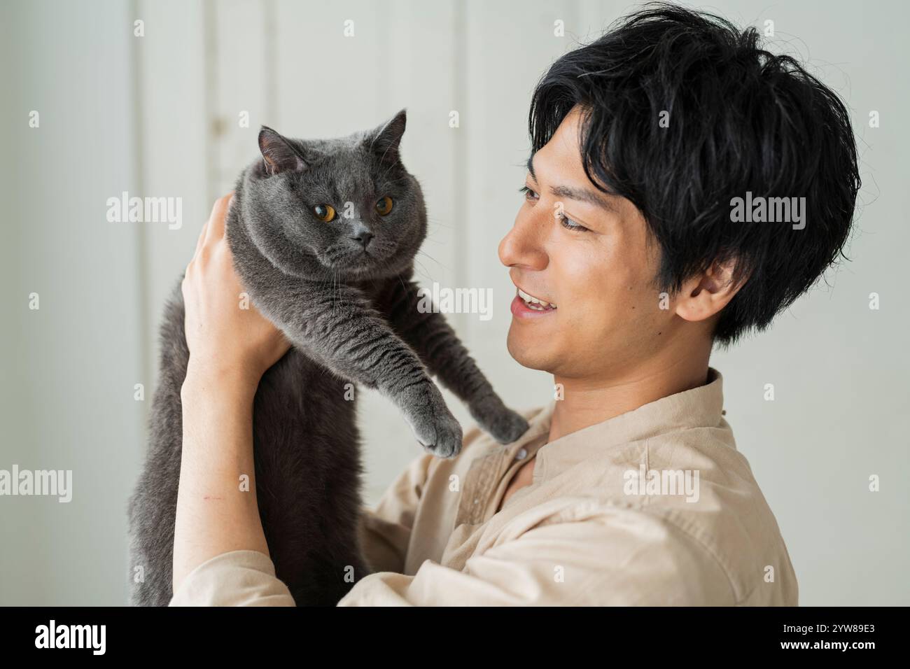 Man and cat working remotely Stock Photo - Alamy