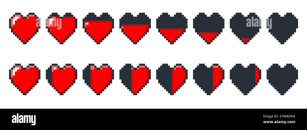 Pixel heart. Game health bar. Hero vitality indicator. Body resources ...